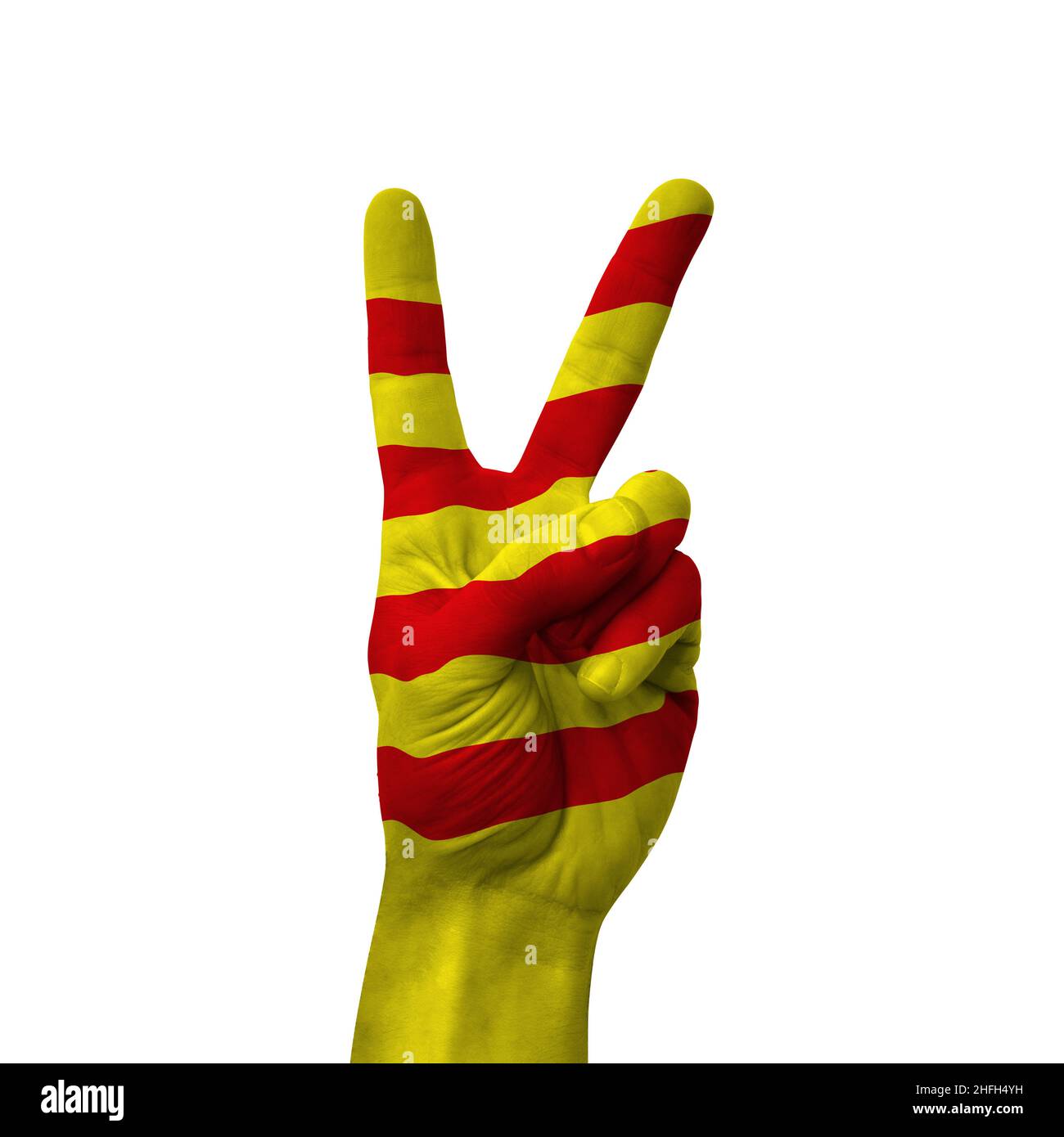 Hand making victory sign, catalonia painted with flag as symbol of ...