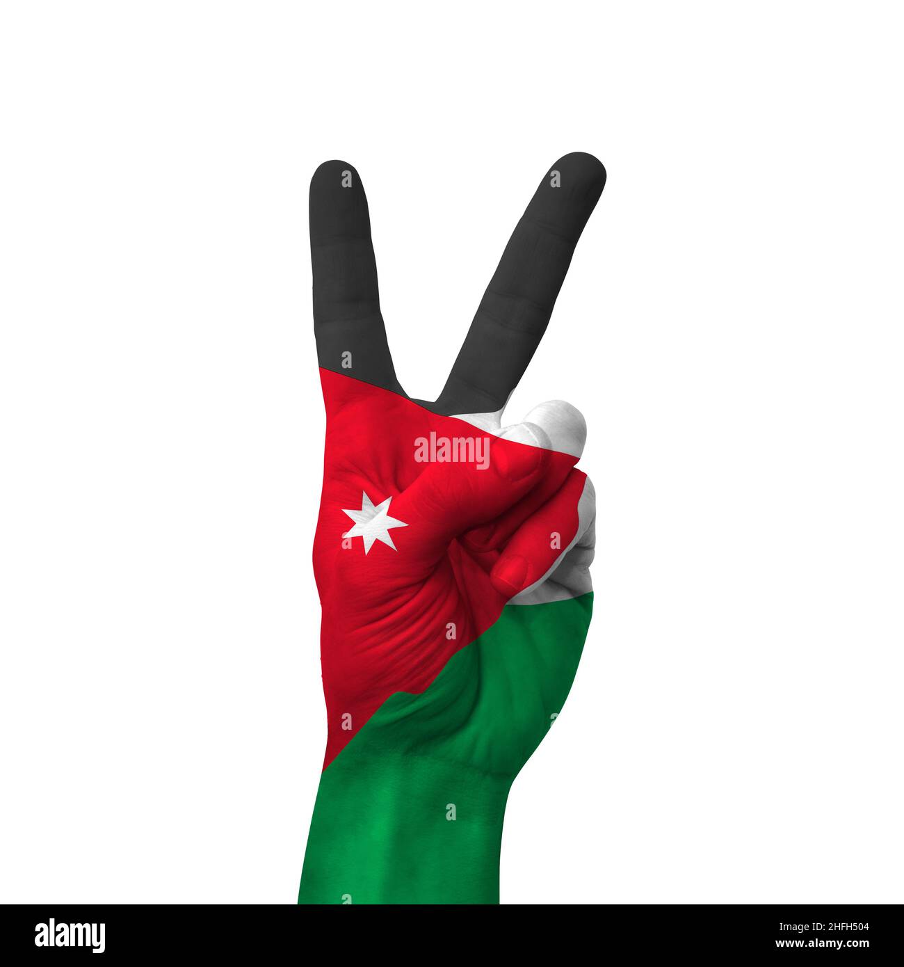 Hand making victory sign, jordan painted with flag as symbol of victory ...