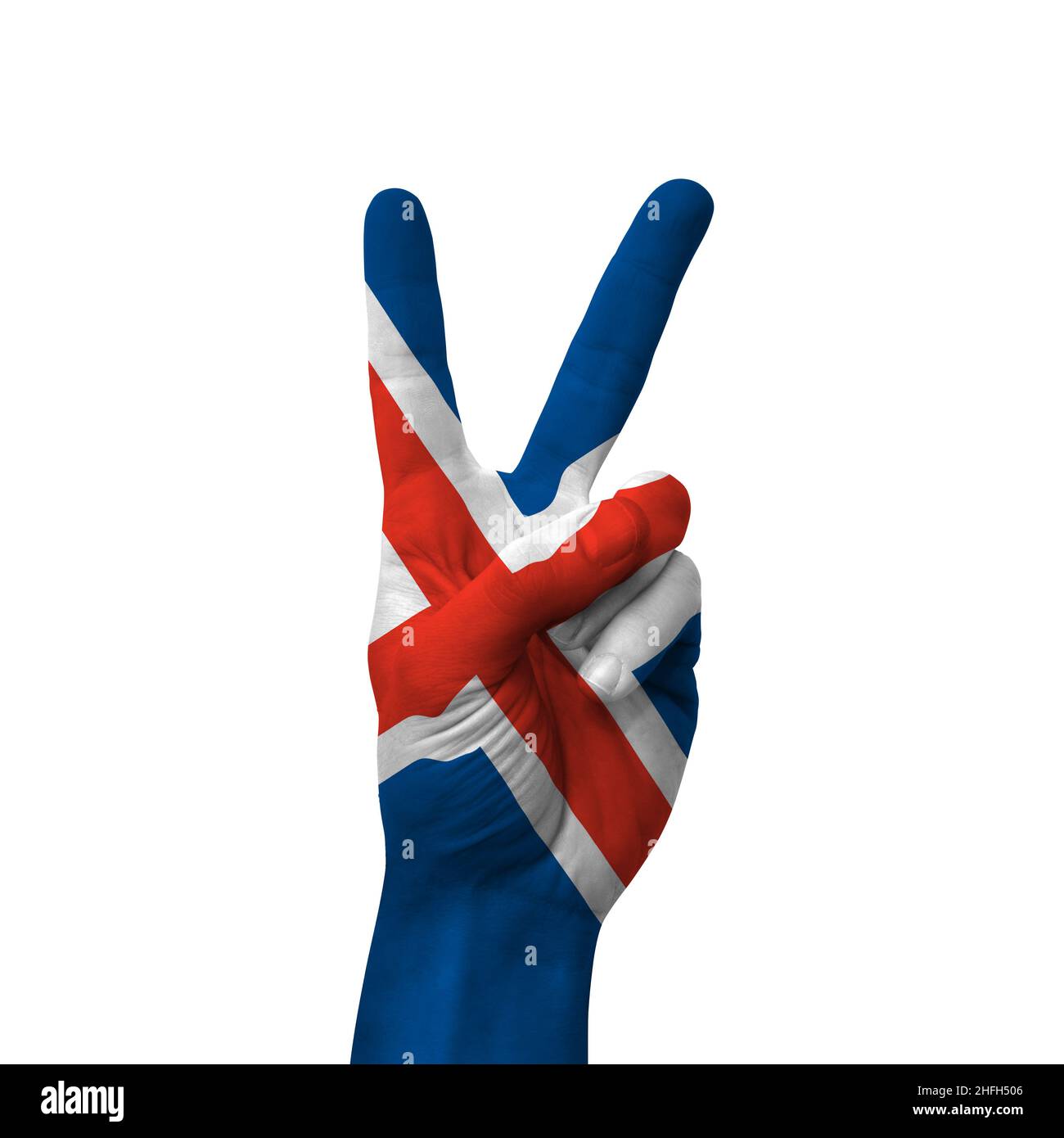 Hand making victory sign, iceland painted with flag as symbol of ...
