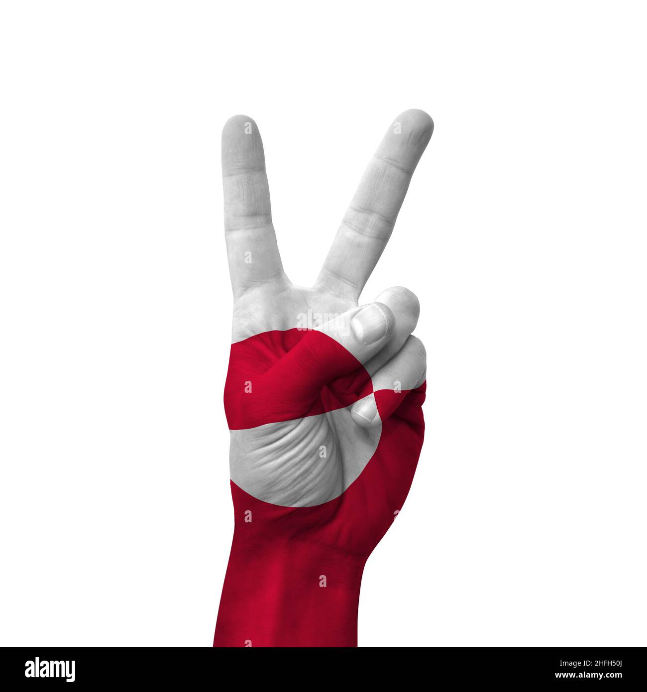 Hand making victory sign, greenland painted with flag as symbol of ...