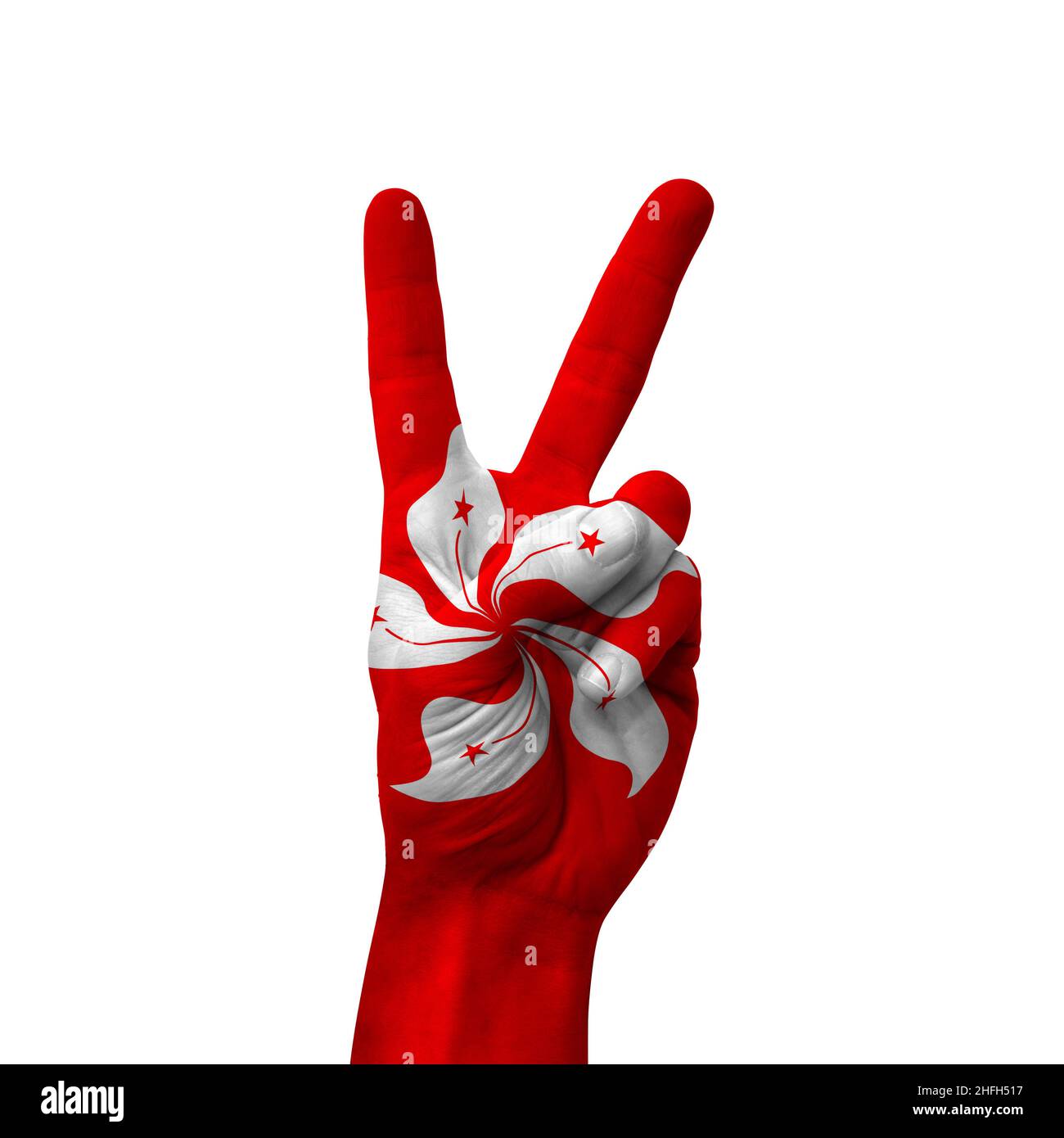 Hand making victory sign, hong kong painted with flag as symbol of ...