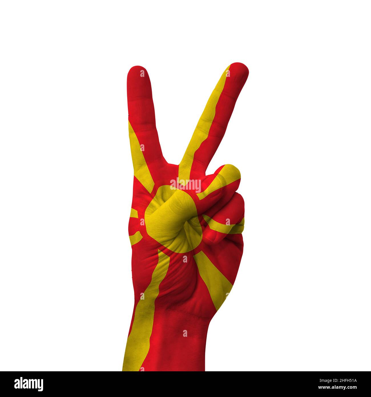 Hand making victory sign, macedonia painted with flag as symbol of ...