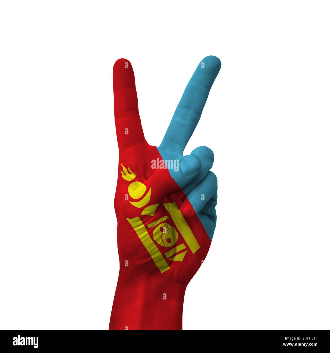 Hand making victory sign, mongolia painted with flag as symbol of ...