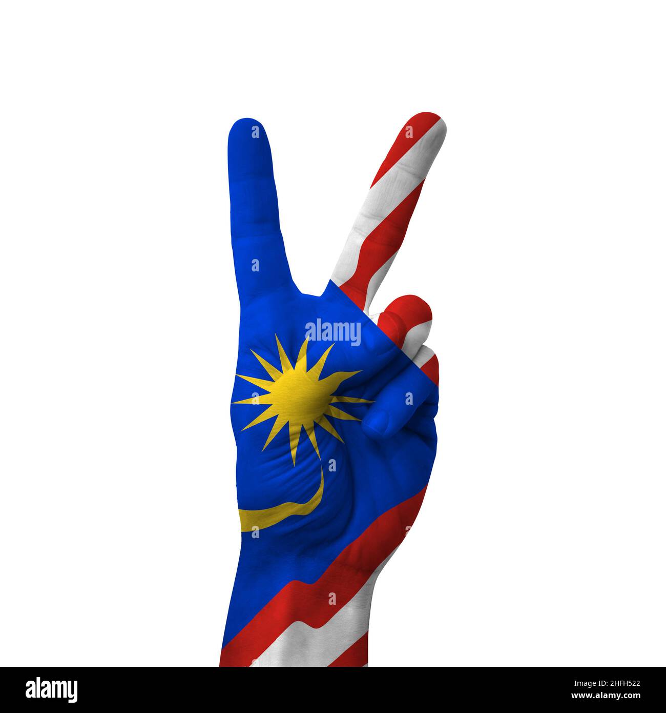 Hand making victory sign, malaysia painted with flag as symbol of ...