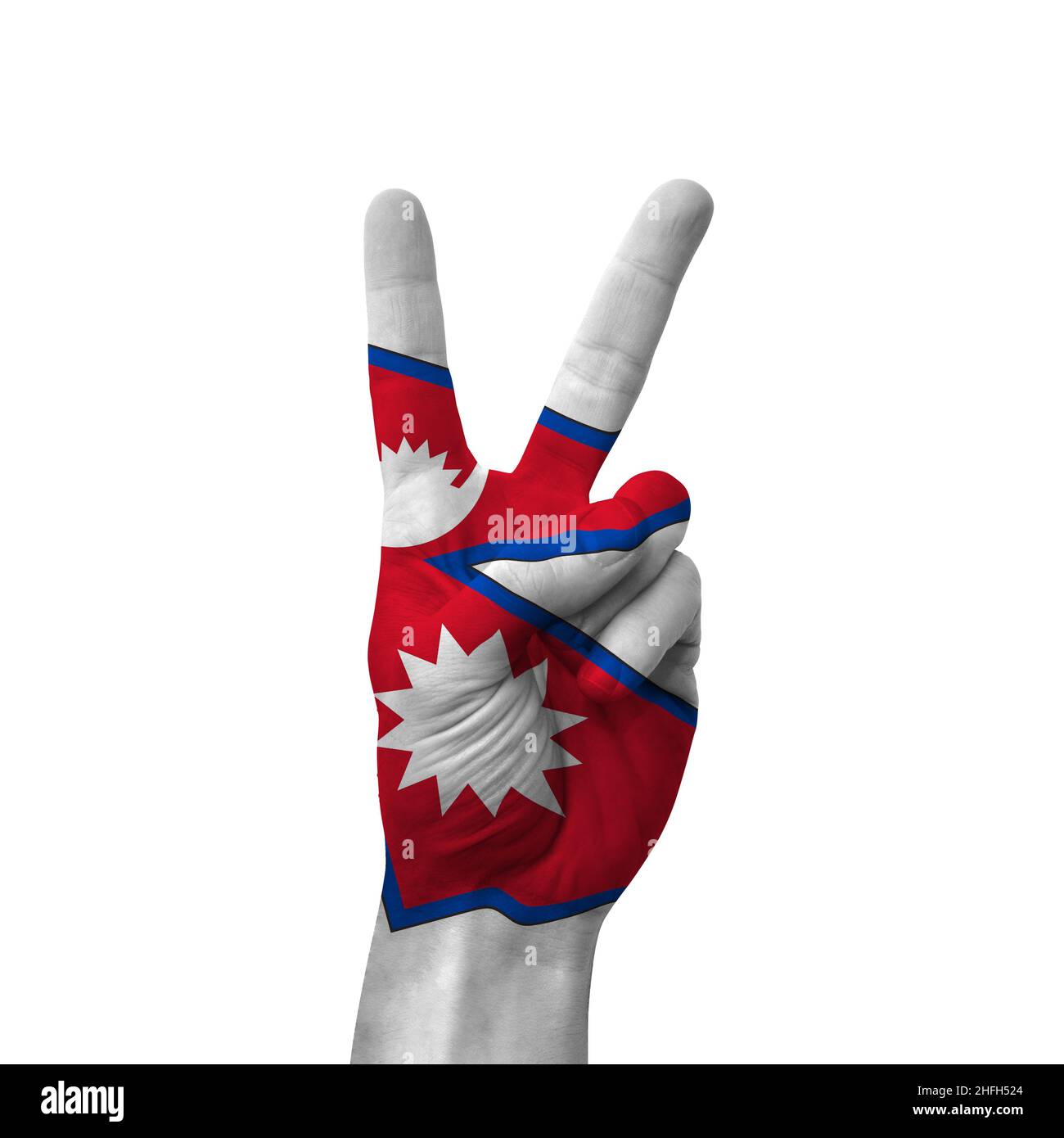 Hand making victory sign, nepal painted with flag as symbol of victory ...