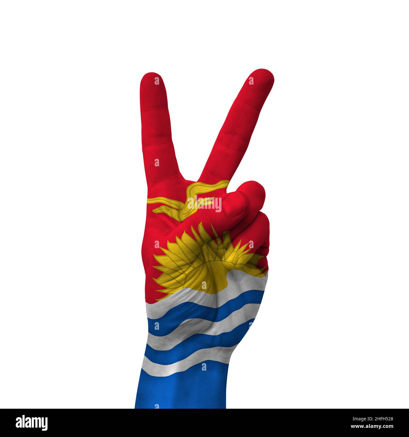 Hand making victory sign, kiribati painted with flag as symbol of ...