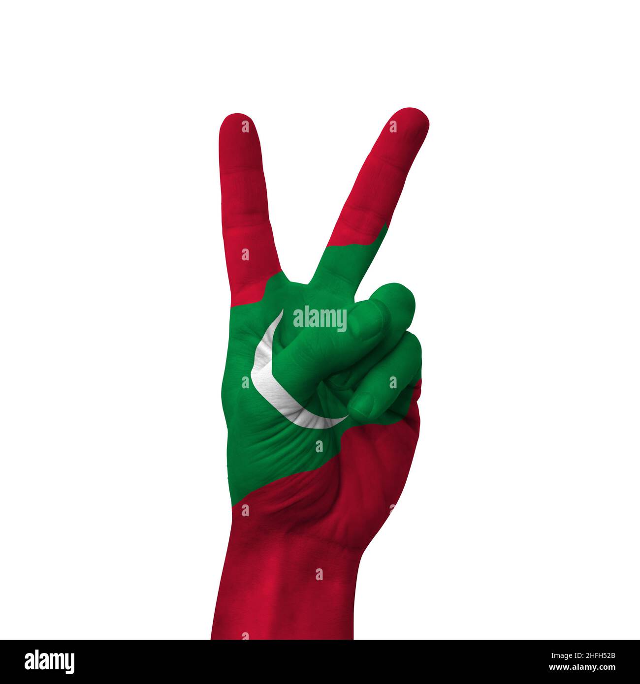Hand making victory sign, maldives painted with flag as symbol of ...
