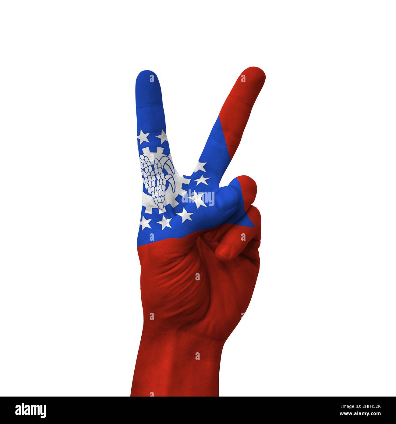 Hand making victory sign, myanmar painted with flag as symbol of ...
