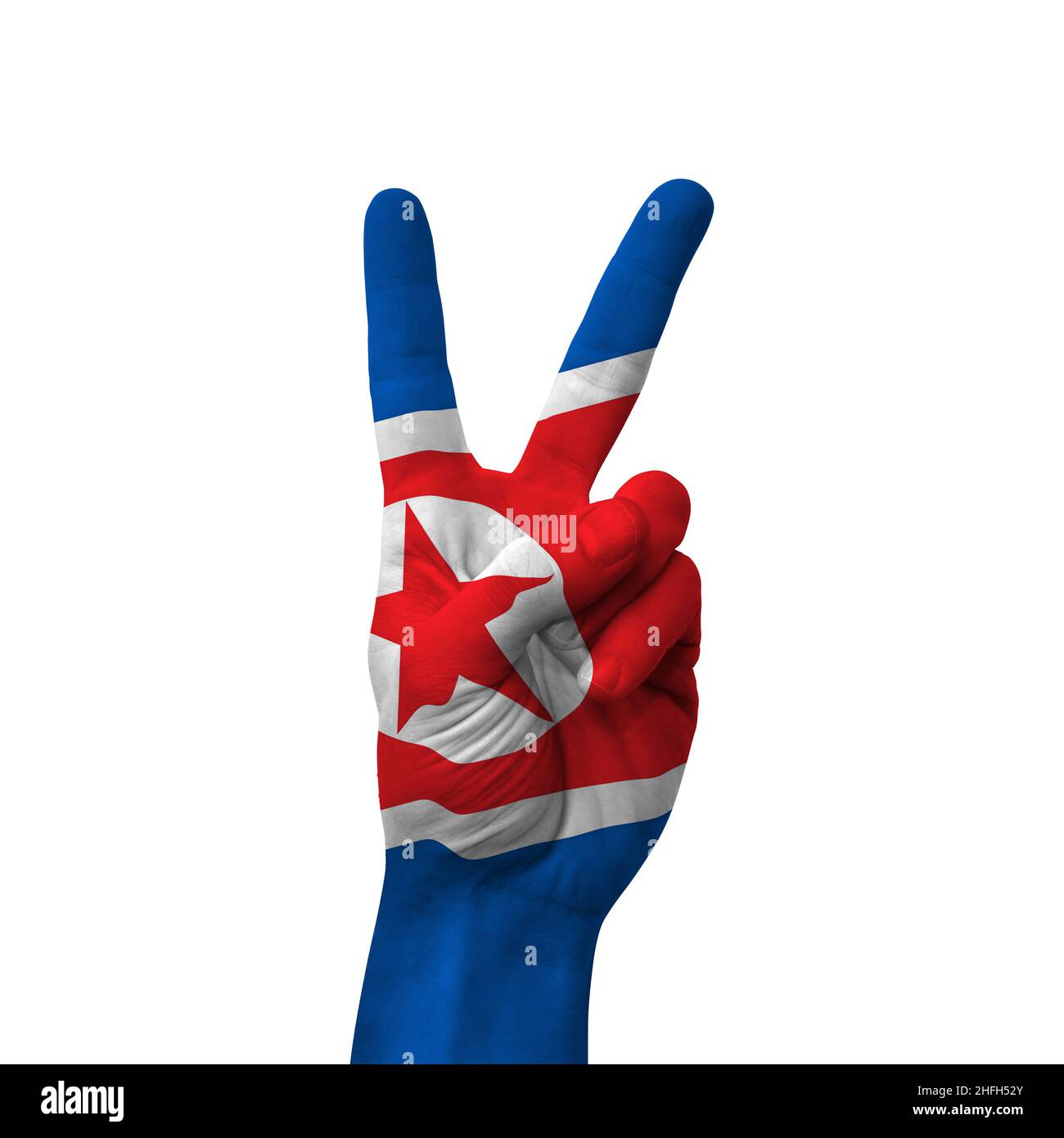 Hand making victory sign, north korea painted with flag as symbol of ...
