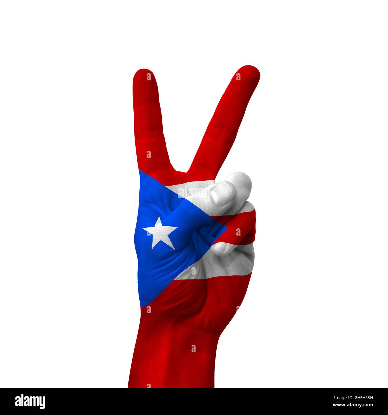 Hand making victory sign, puerto rico painted with flag as symbol of ...