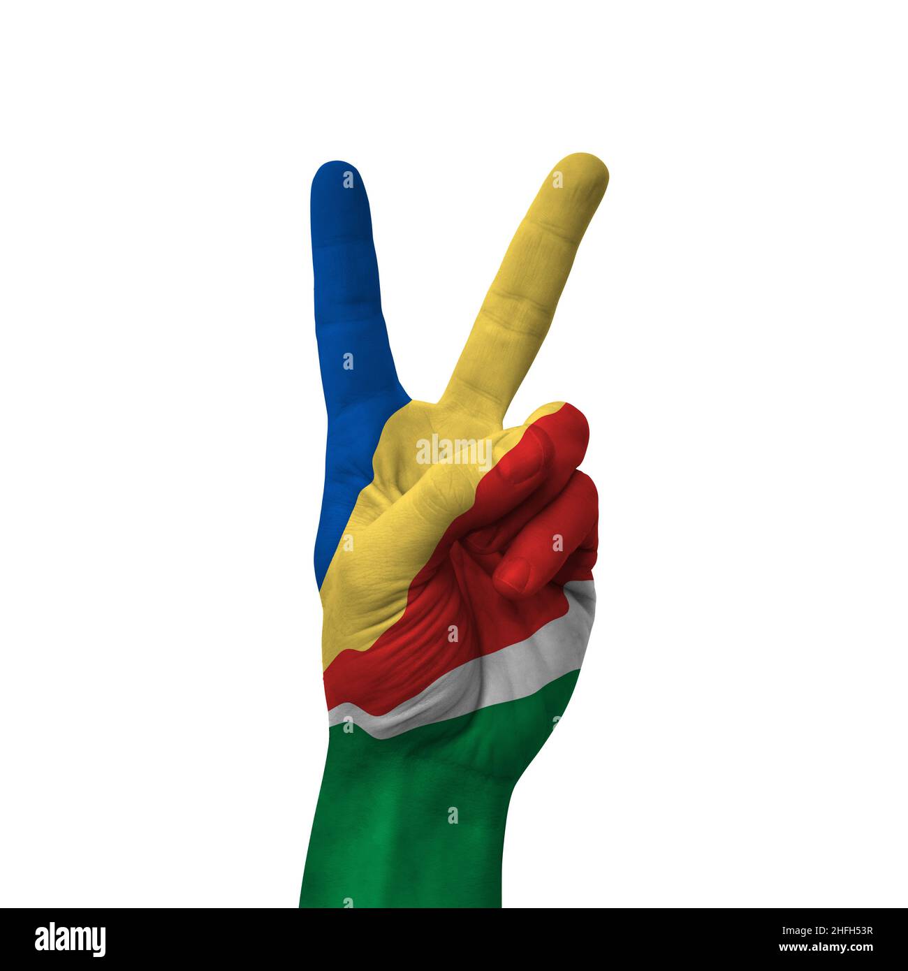 Hand making victory sign, seychelles painted with flag as symbol of ...