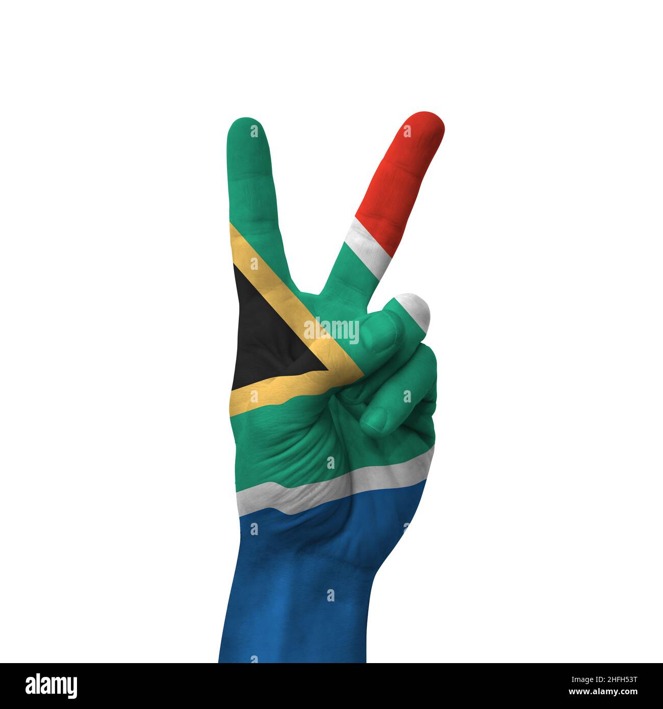 Hand making victory sign, south africa painted with flag as symbol of ...