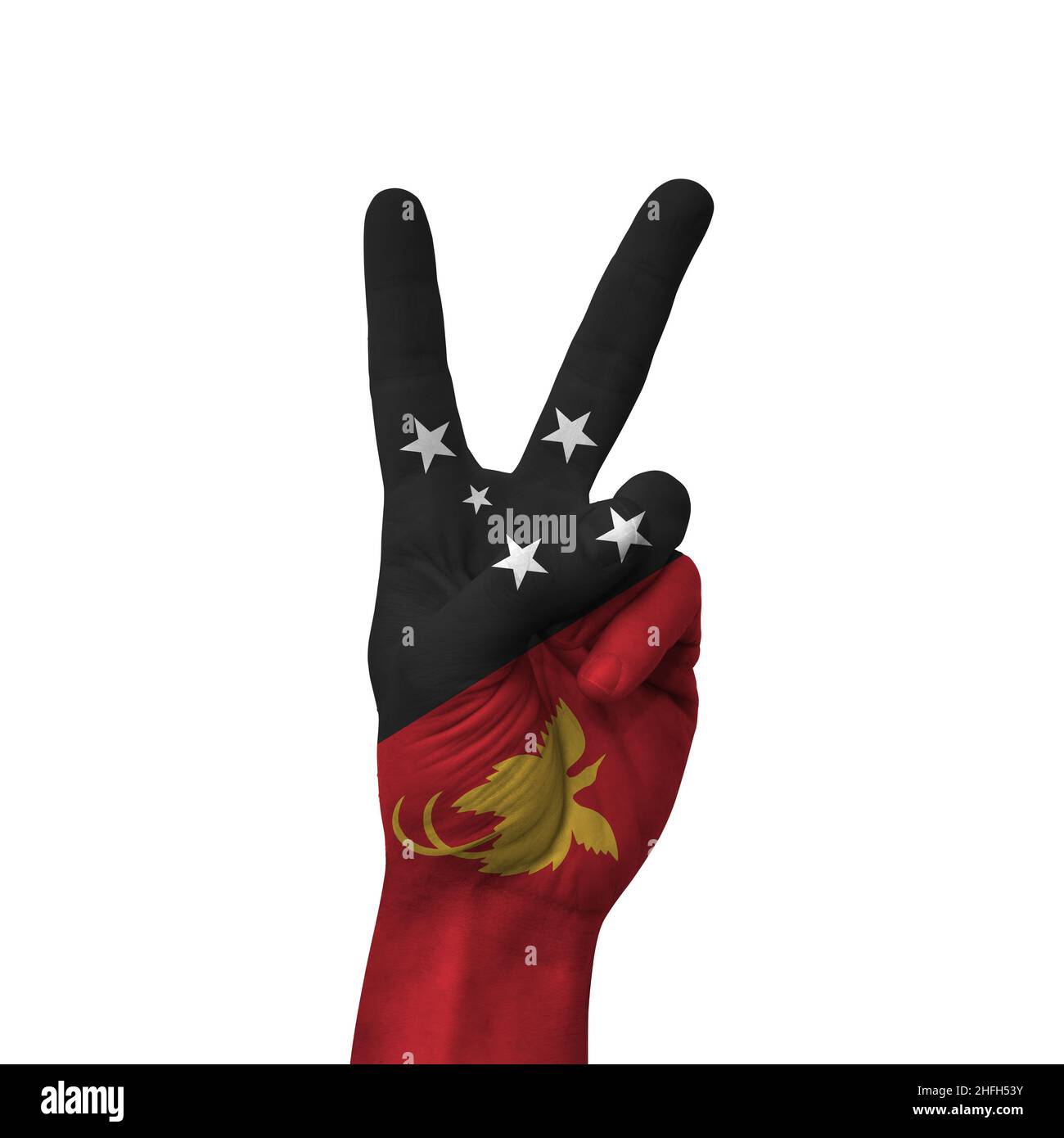 Hand making victory sign, Papua New Guinea painted with flag as symbol ...