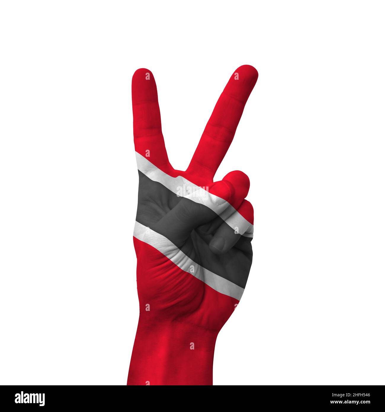 Hand making victory sign, trinidad painted with flag as symbol of ...