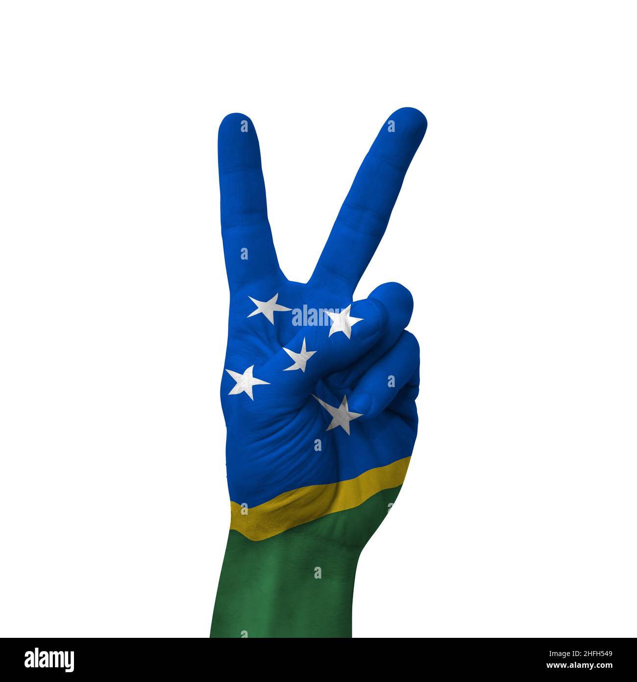 Hand making victory sign, solomon islands painted with flag as symbol ...