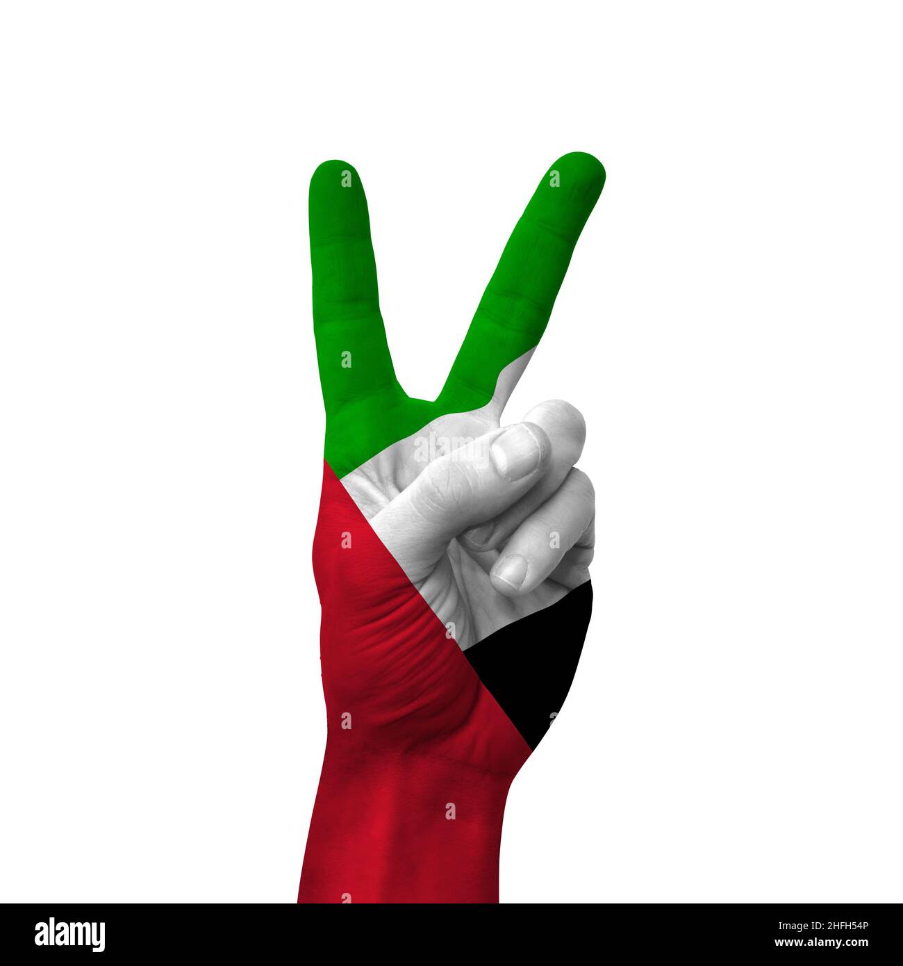 Hand making victory sign, united arab emirates painted with flag as ...