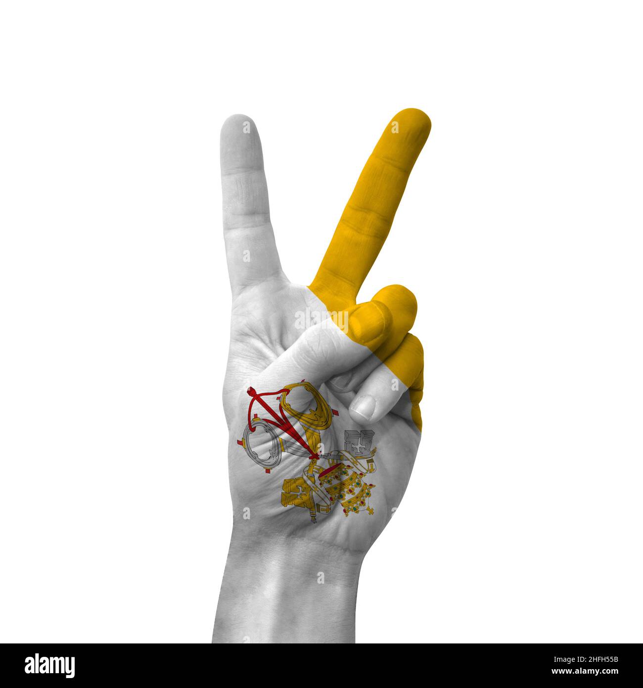 Hand making victory sign, vatican city painted with flag as symbol of ...