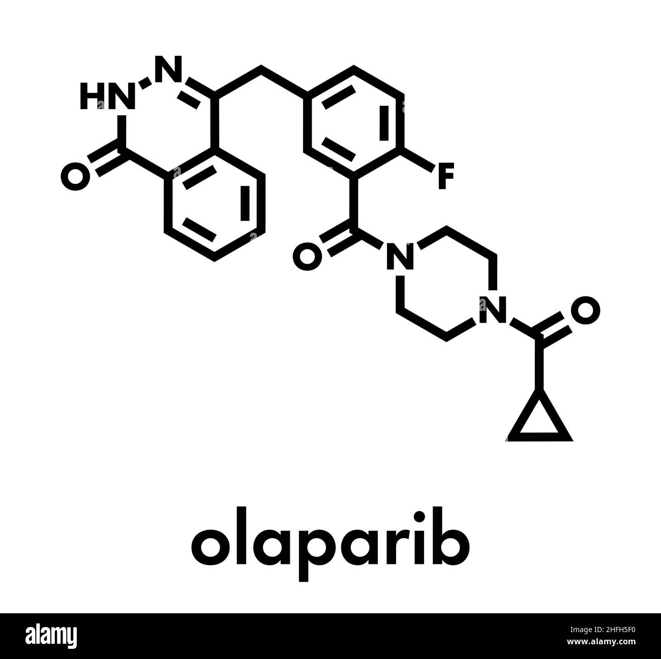 Olaparib cancer drug molecule. Inhibitor of PARP (poly ADP-ribose ...