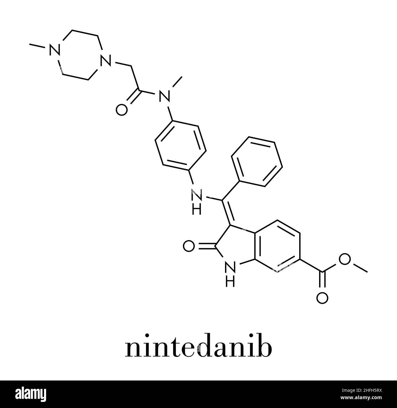 Nintedanib cancer drug molecule. Angiogenesis inhibitor. Skeletal ...