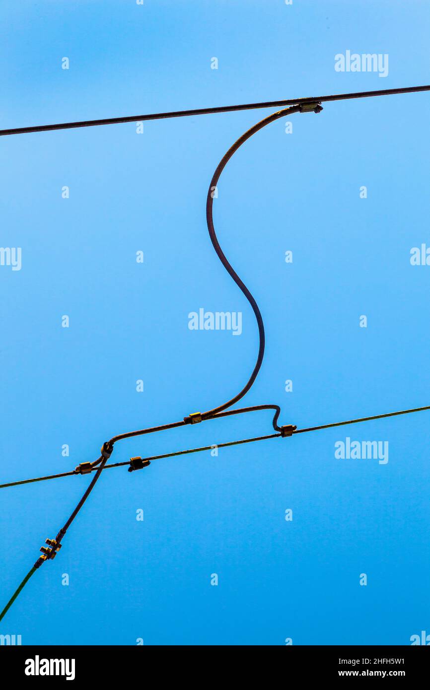 Railroad overhead lines against clear blue sky, Contact wire Stock ...