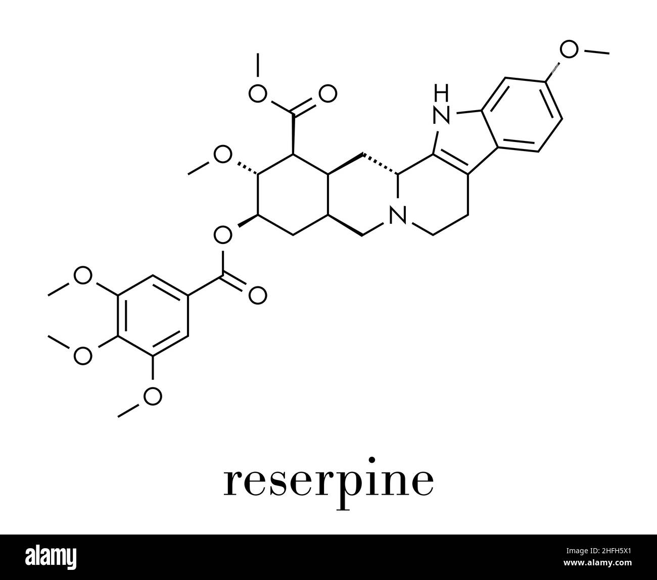 Reserpine alkaloid molecule. Isolated from Rauwolfia serpentina (Indian ...