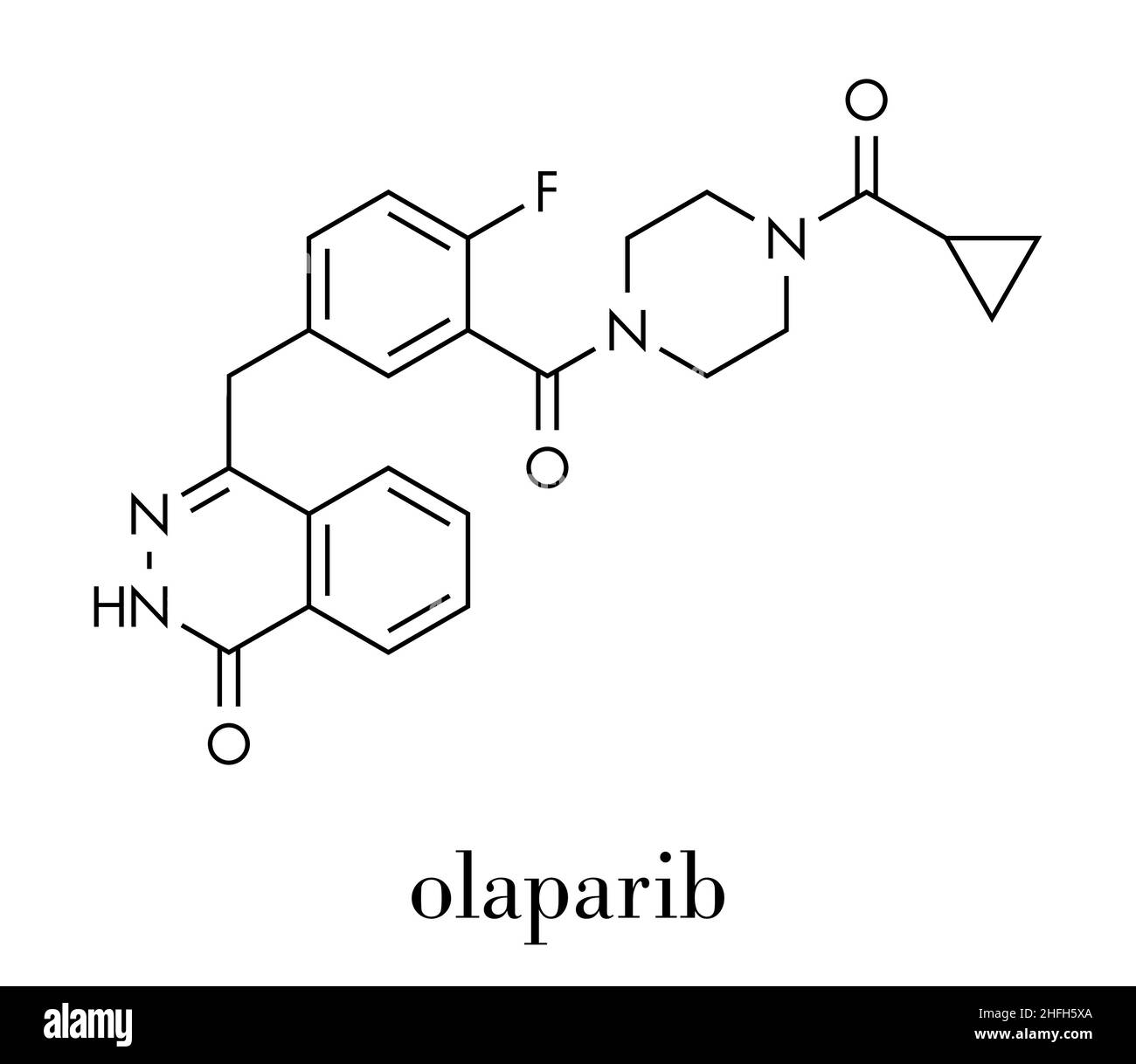 Olaparib cancer drug molecule. Inhibitor of PARP (poly ADP-ribose ...