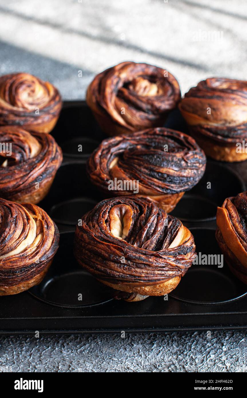 Chocolate cruffin, a hybrid of a croissant and muffin with a lot of ...