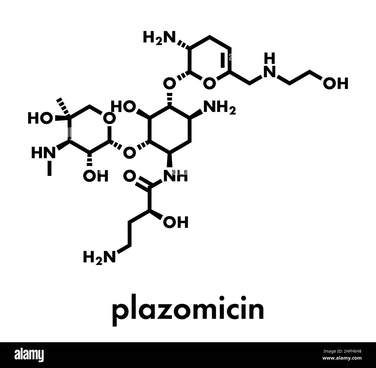 Plazomicin antibiotic drug molecule (aminoglycoside class). Skeletal ...