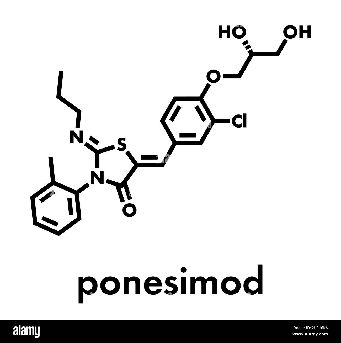 Ponesimod anti-inflammatory drug molecule (S1PR1 modulator). Skeletal ...