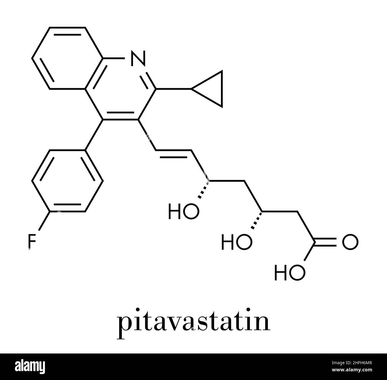 Pitavastatin hypercholesterolemia drug molecule. Skeletal formula Stock ...