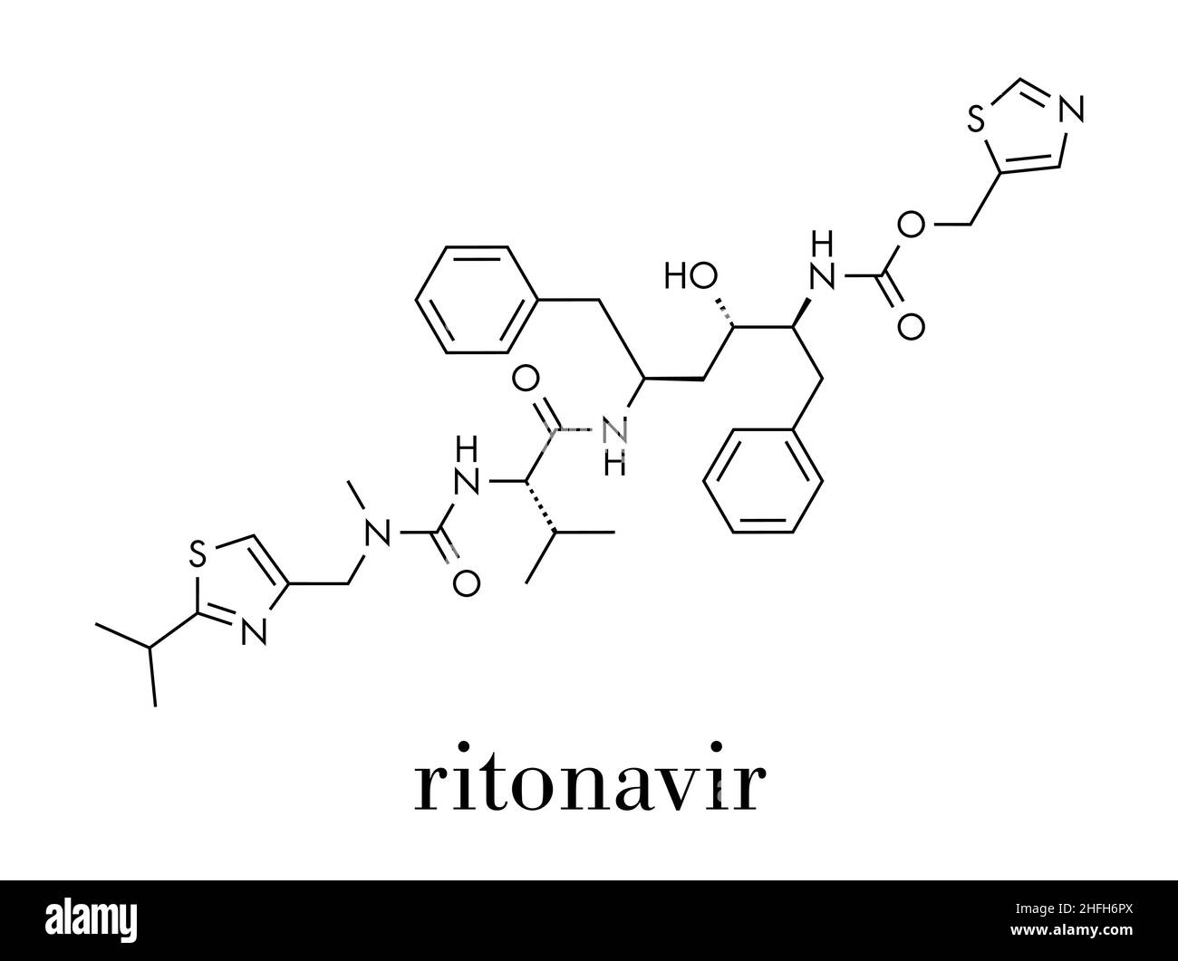 Ritonavir HIV drug (protease inhibitor class) molecule. Skeletal ...