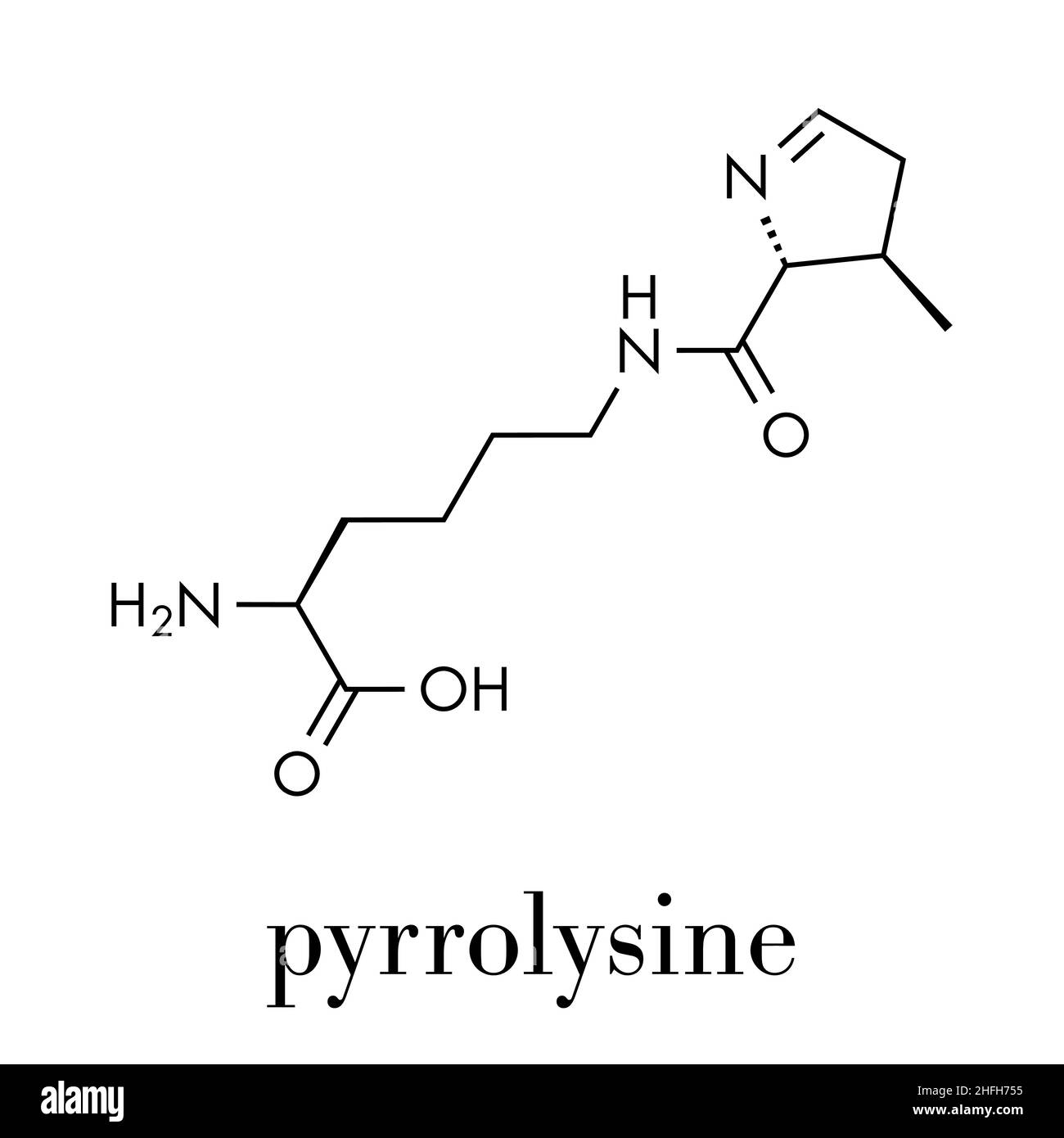 Pyrrolysine (l-pyrrolysine, Pyl, O) amino acid molecule. Skeletal ...