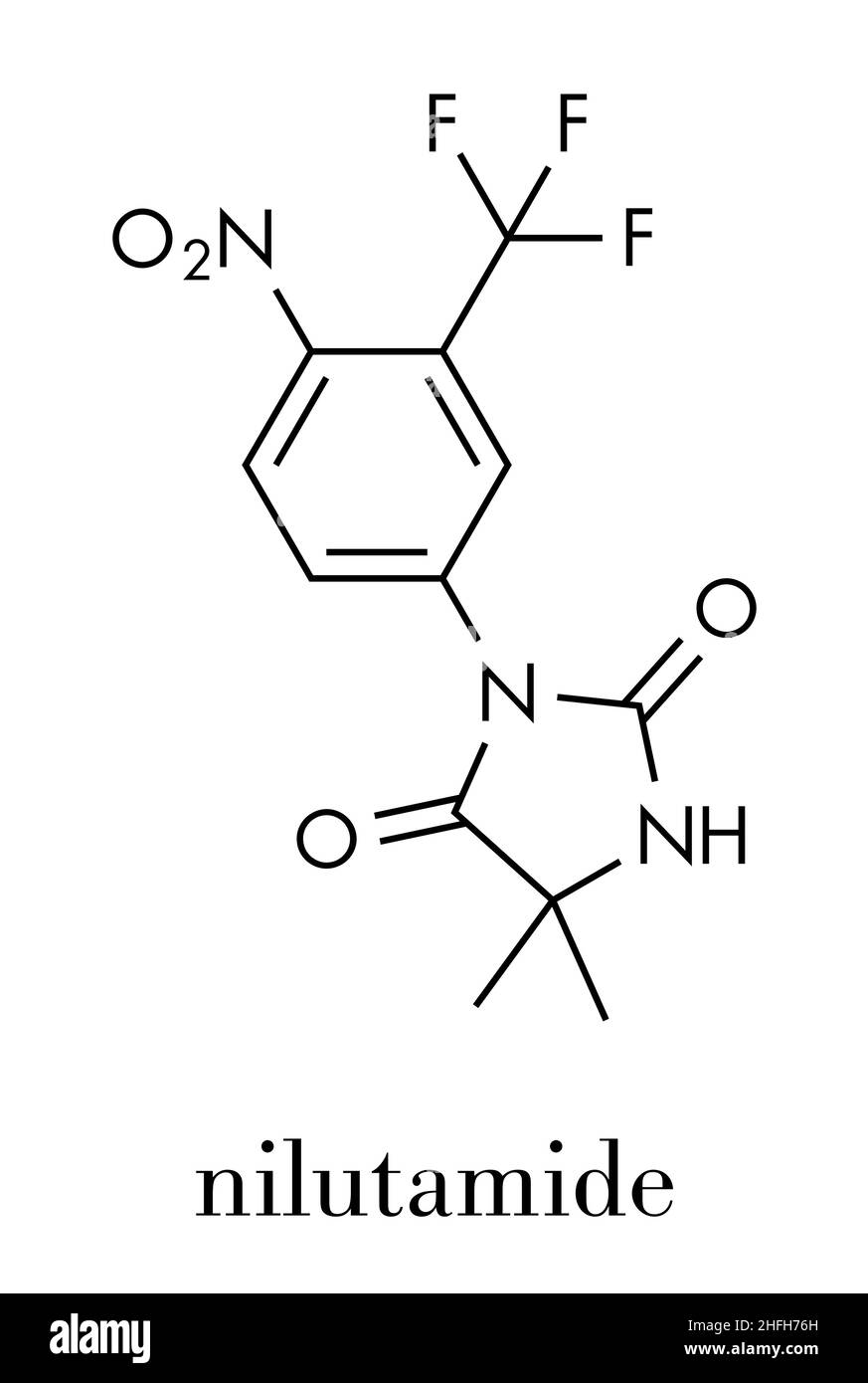 Nilutamide prostate cancer drug molecule (antiandrogen). Skeletal ...