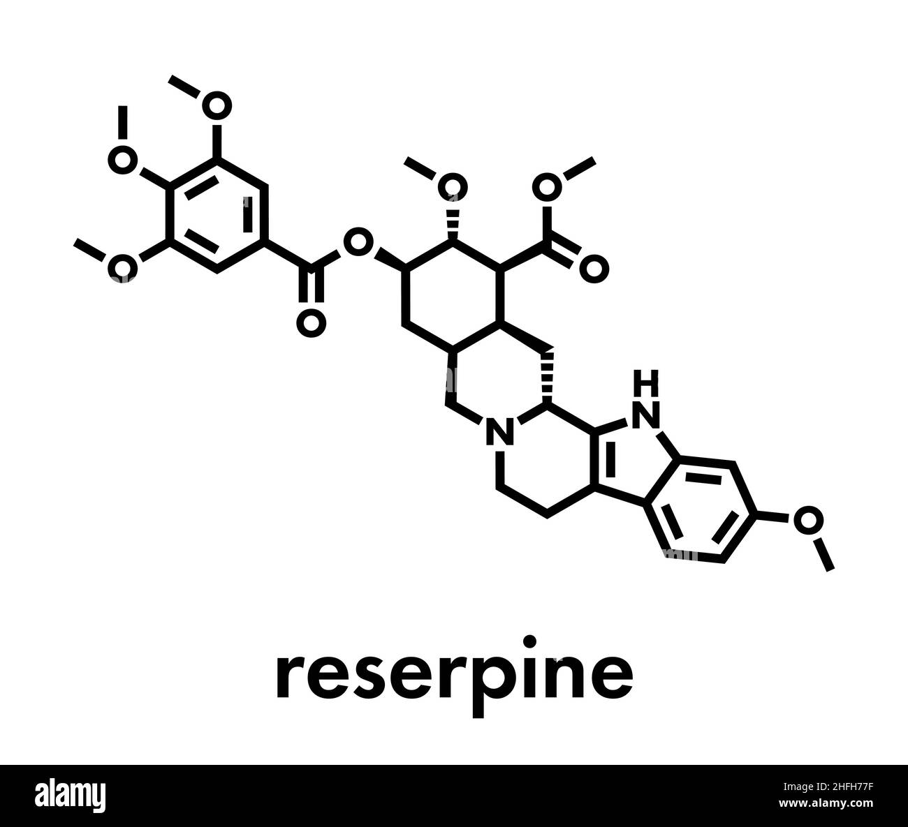 Reserpine alkaloid molecule. Isolated from Rauwolfia serpentina (Indian ...
