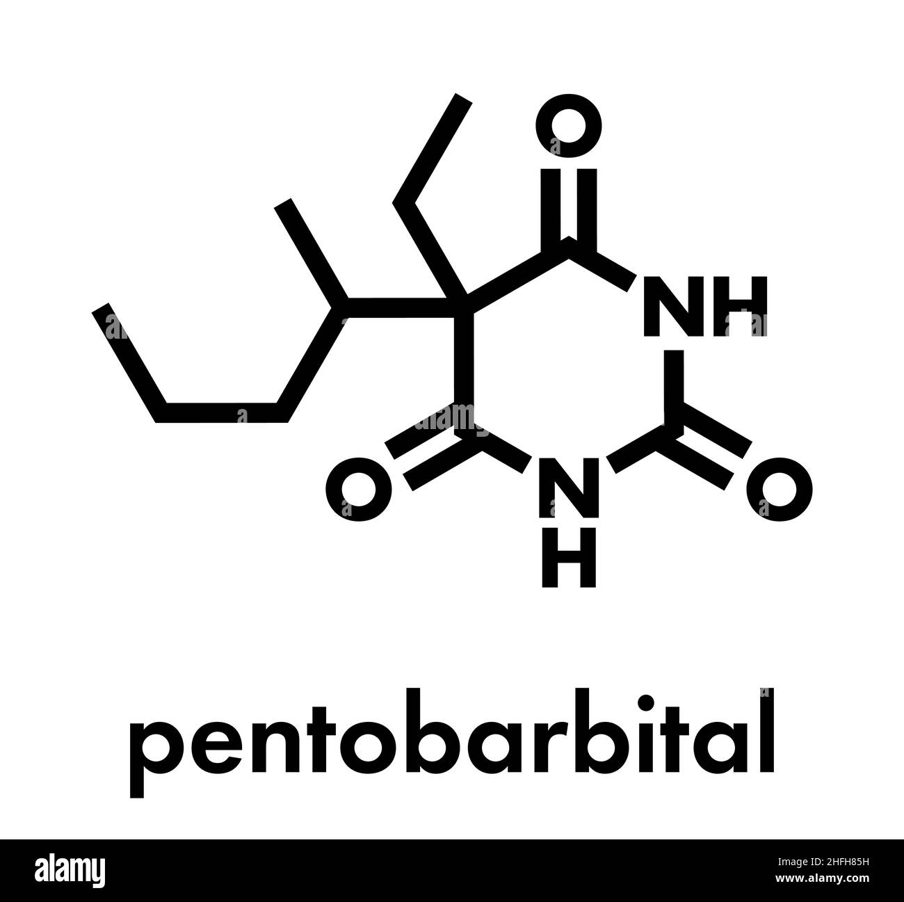 Pentobarbital (pentobarbitone) barbiturate sedative, chemical structure ...