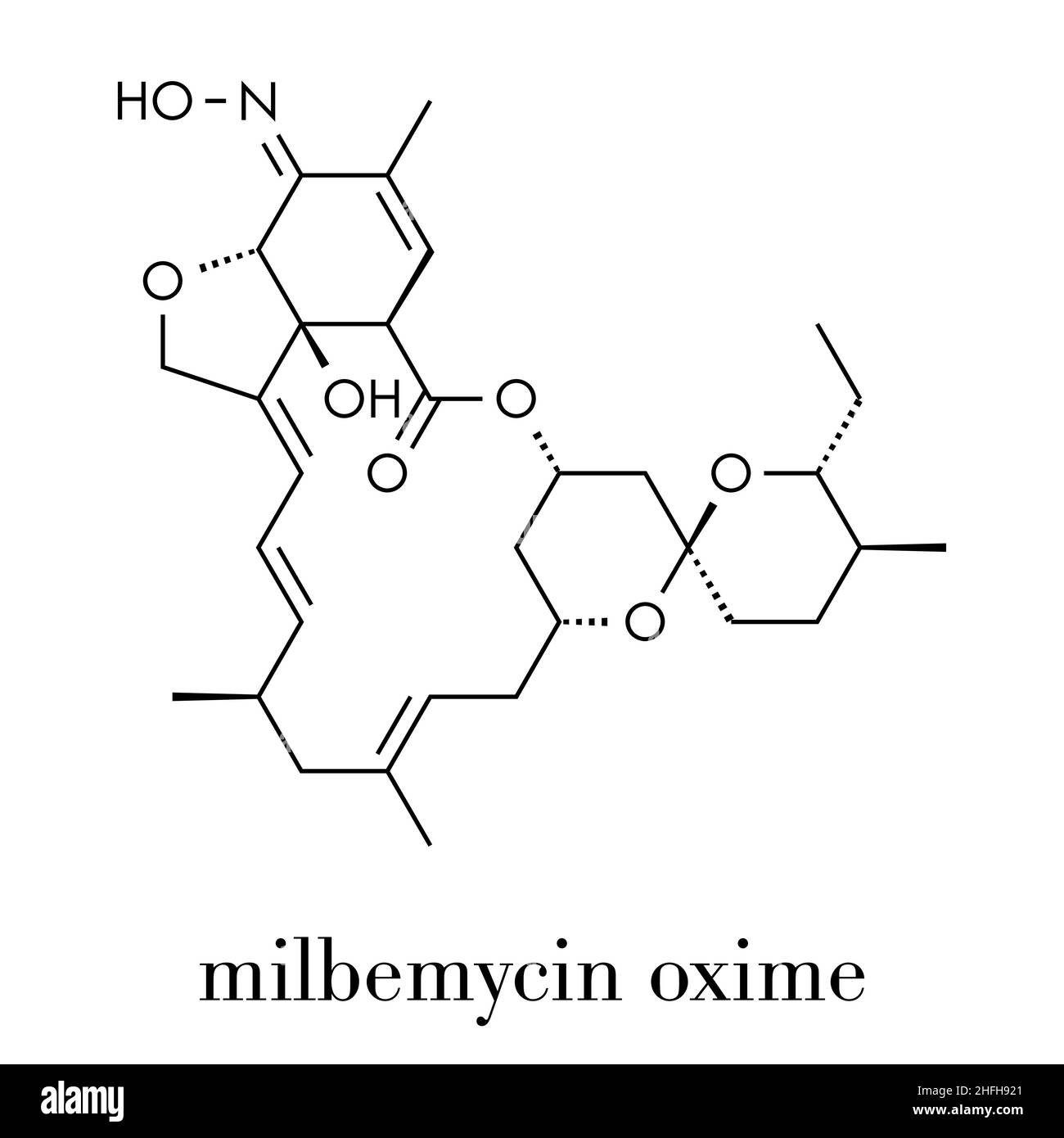 Milbemycin oxime antiparasitic drug molecule (veterinary). Skeletal ...