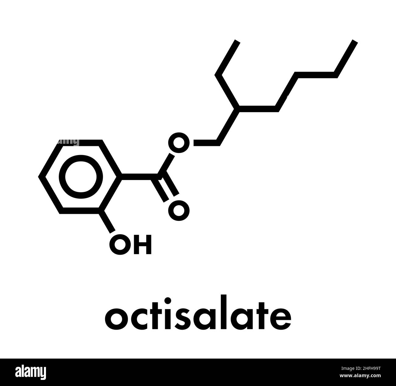 Octyl salicylate (octisalate) sunscreen molecule (UV filter). Skeletal ...