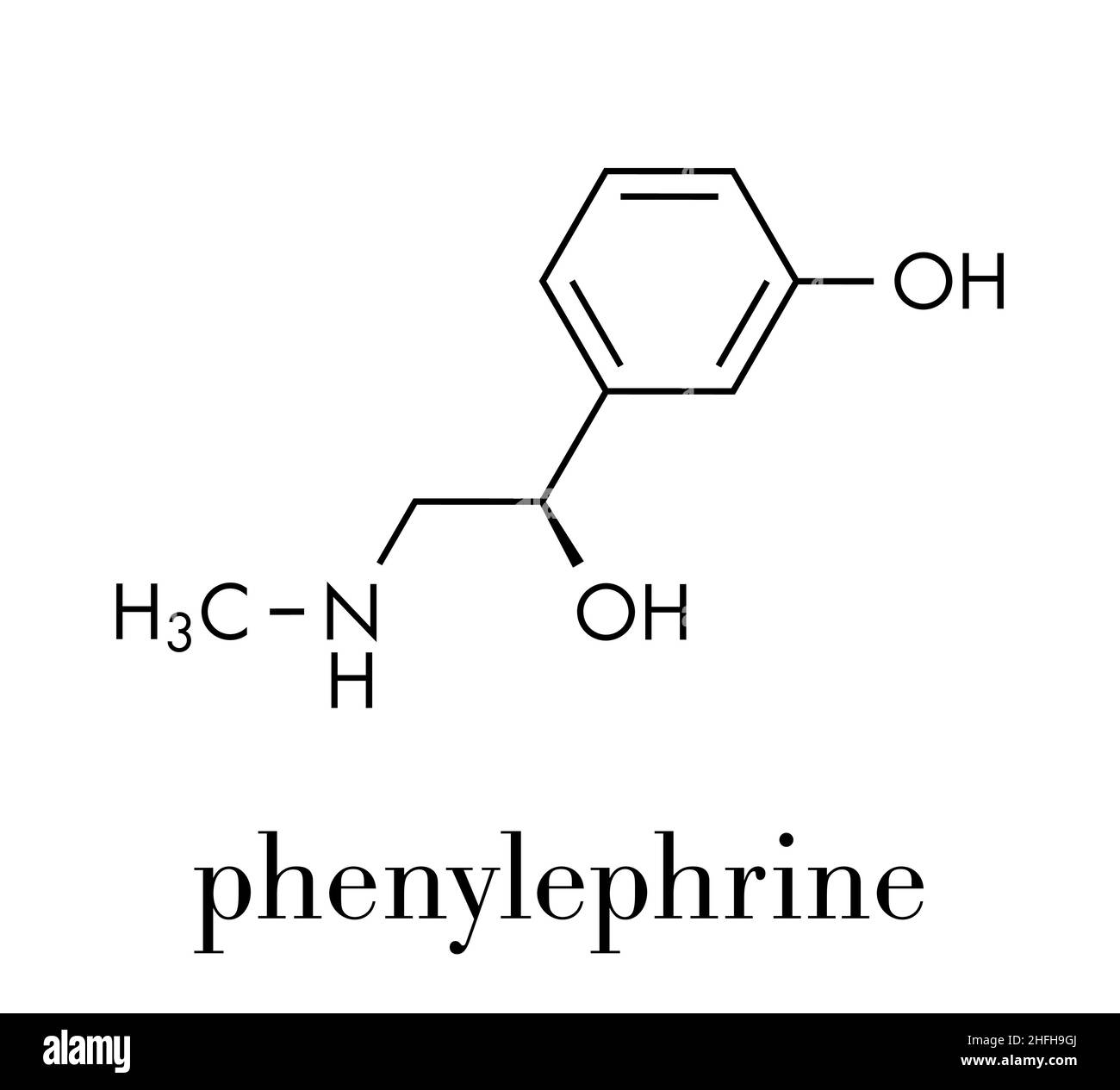 Phenylephrine nasal decongestant drug molecule. Skeletal formula Stock ...