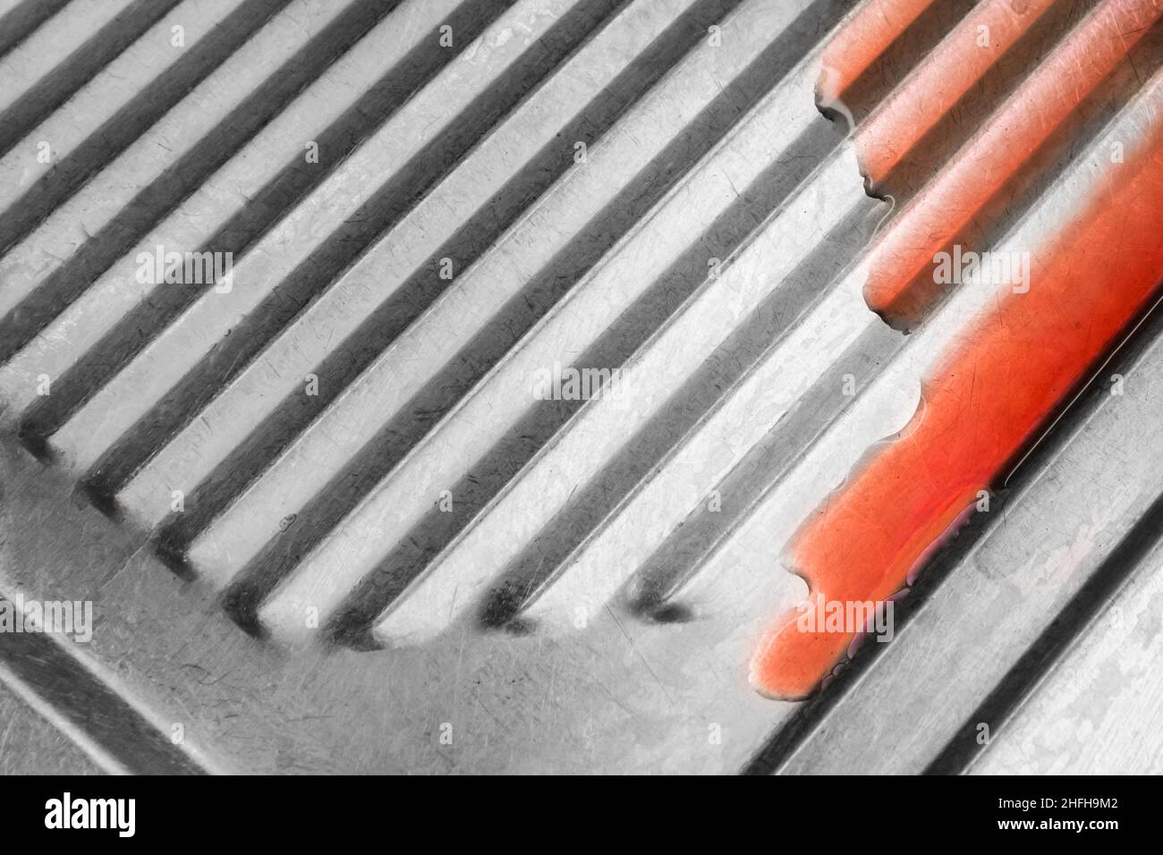 Traces of blood on a steel medical tray after surgery. Surgical ...