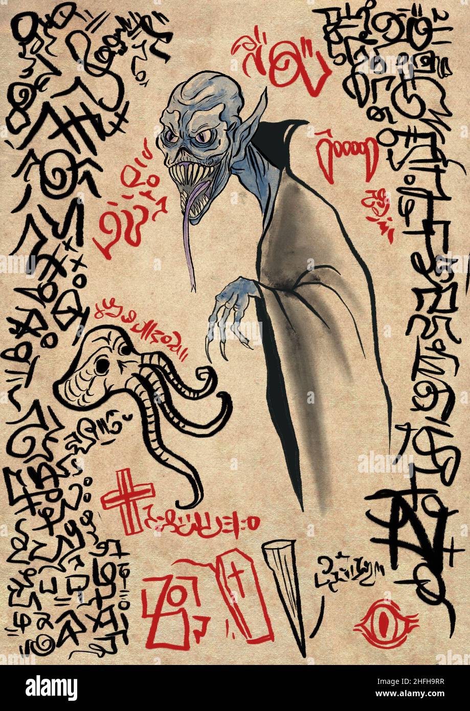 necronomicon like horror illustrated book page illustration Stock Photo ...