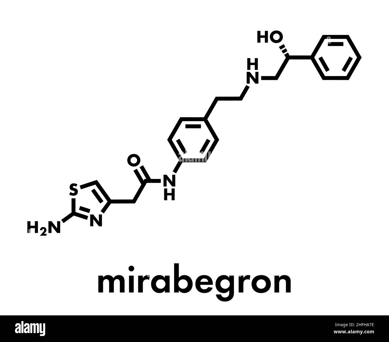 Mirabegron overactive bladder treatment drug molecule. Skeletal formula ...