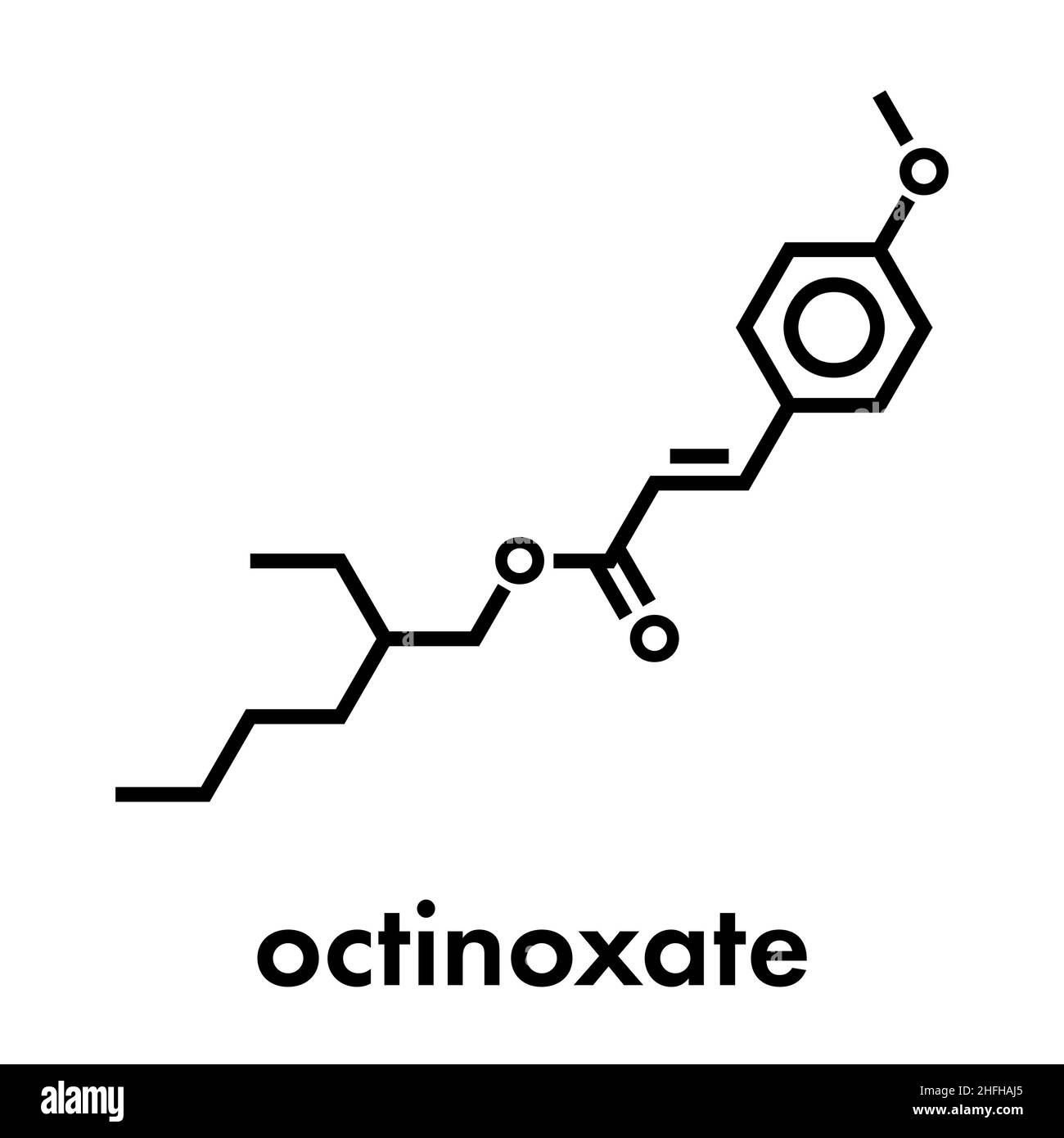 Octyl methoxycinnamate (octinoxate) sunscreen molecule. Skeletal ...