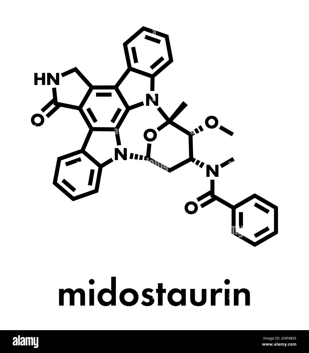 Midostaurin cancer drug molecule (protein kinase inhibitor). Skeletal ...