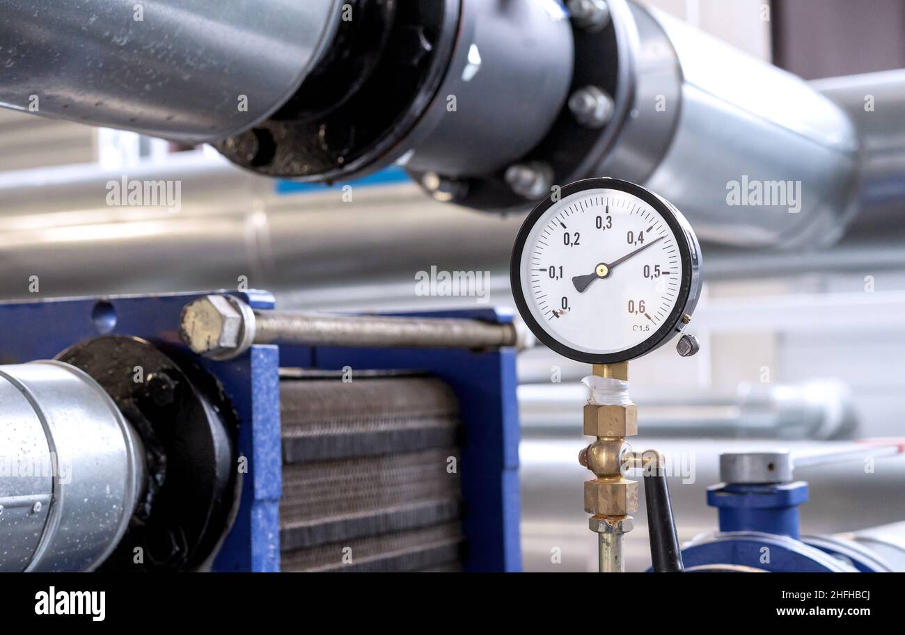 Pressure gauge on a pipeline in a gas boiler room Stock Photo - Alamy