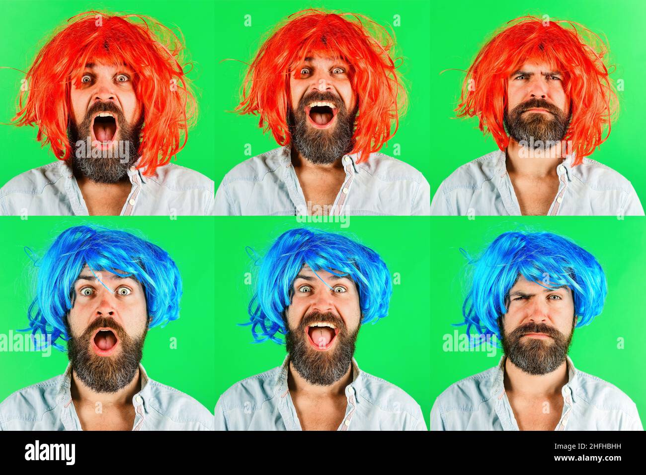 Emotion set of bearded man in color wig. Different emotions Collage ...
