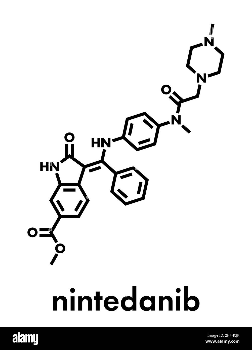 Nintedanib cancer drug molecule. Angiogenesis inhibitor. Skeletal ...