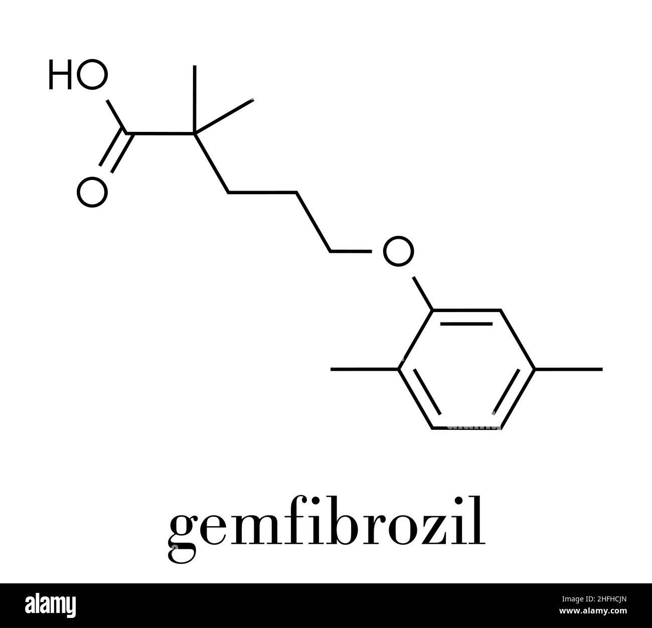 Gemfibrozil hyperlipidemia drug molecule (fibrate class). Skeletal ...