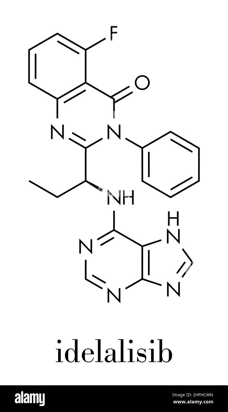 Idelalisib leukemia drug molecule. Inhibitor of phosphoinositide 3 ...