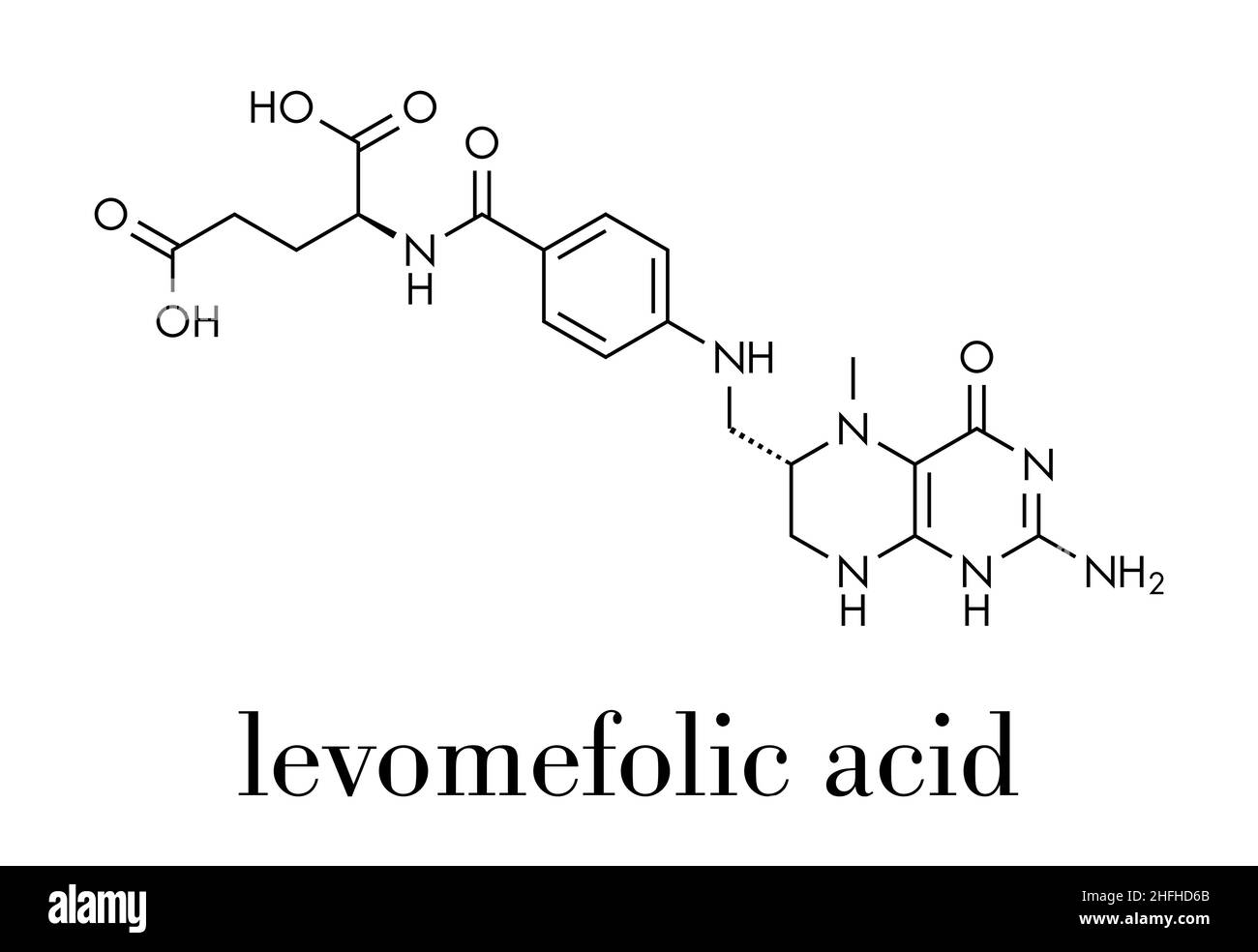 Levomefolic acid or 5-methyltetrahydrofolate molecule. Skeletal formula ...