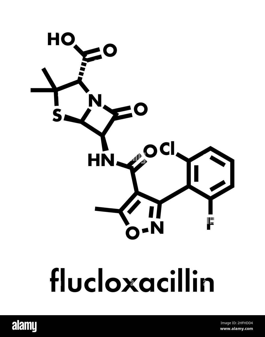 Flucloxacillin (floxacillin) antibiotic drug molecule. Skeletal formula ...